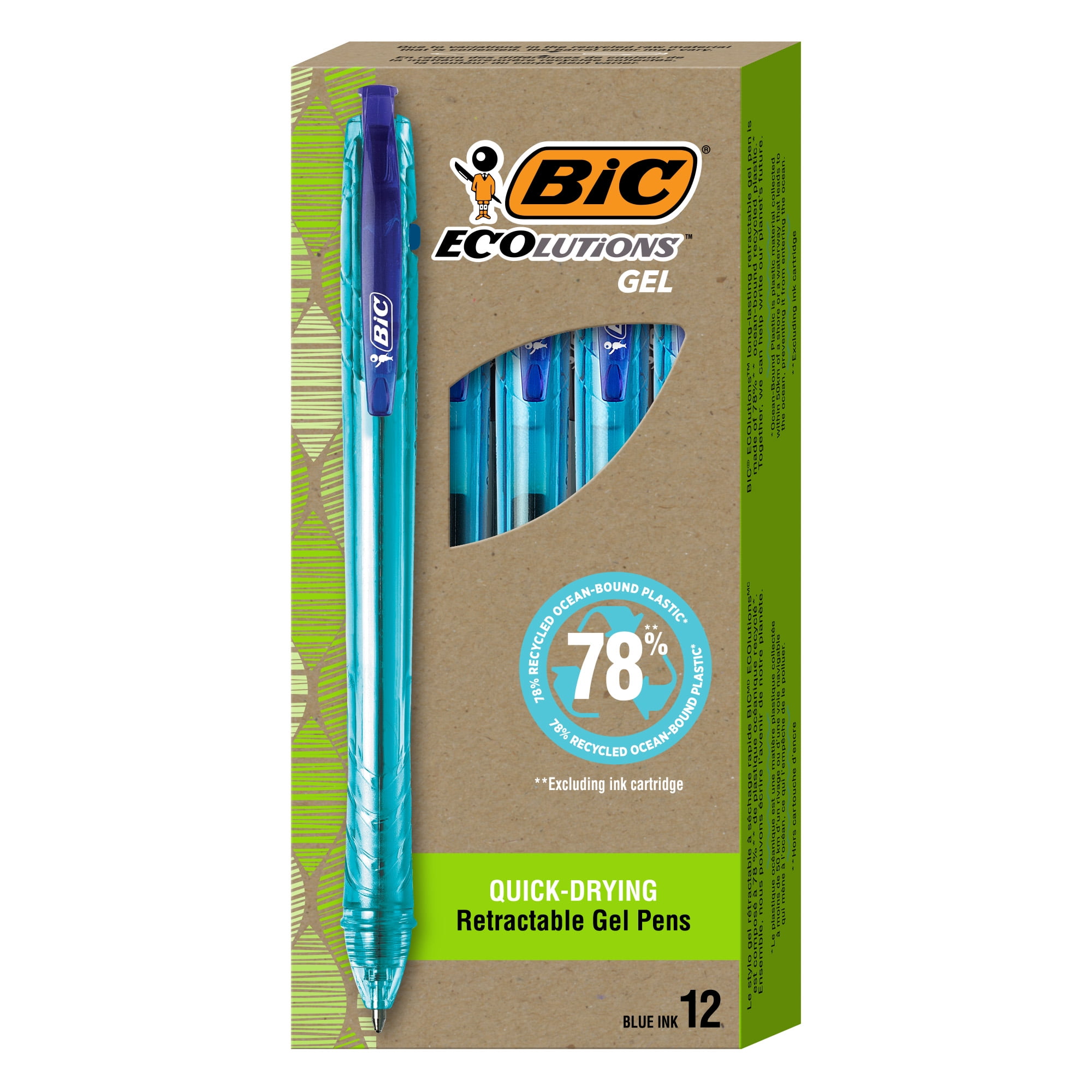 BIC Ecolutions Ocean-Bound Gel Pens, Blue Ink, 12-Count, Recycled ...