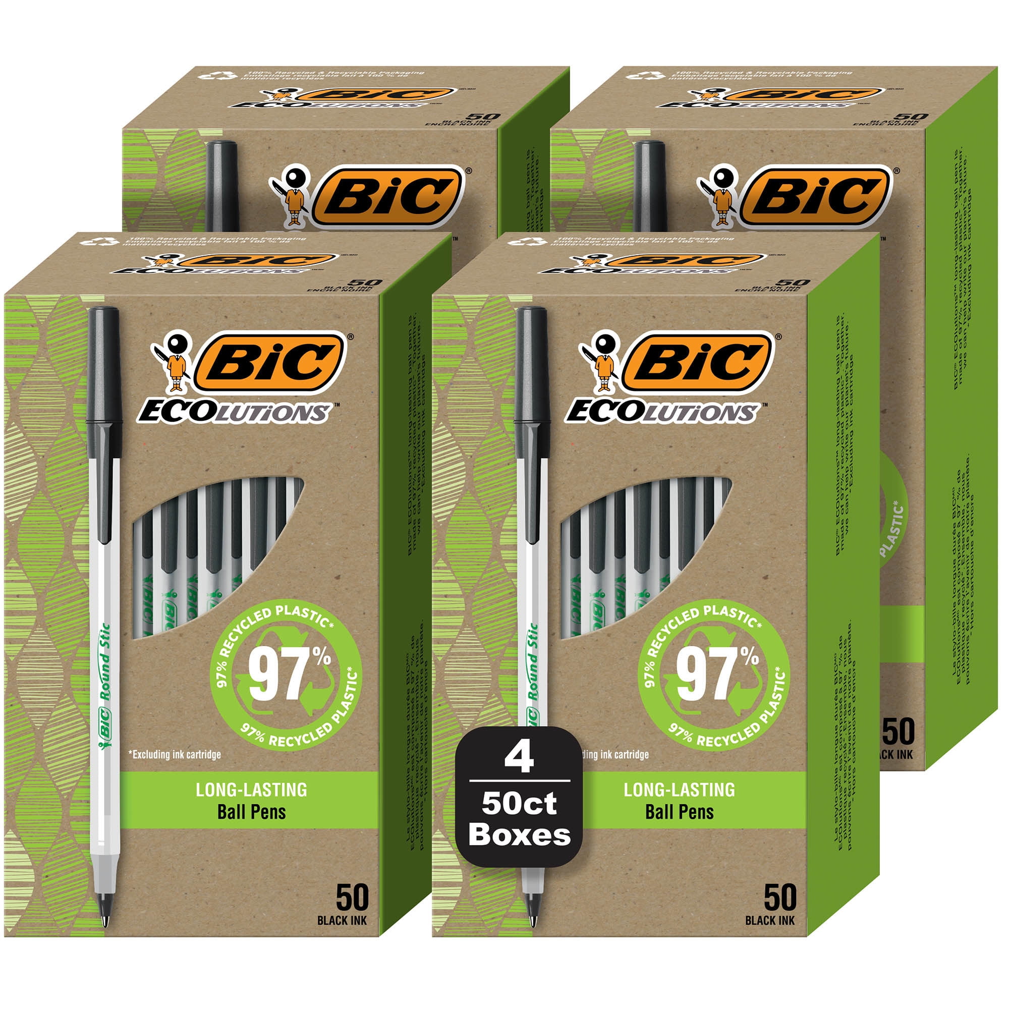 BIC Ecolutions Round Stic Ball Point Pen, Black, 1.0mm Medium Point ...
