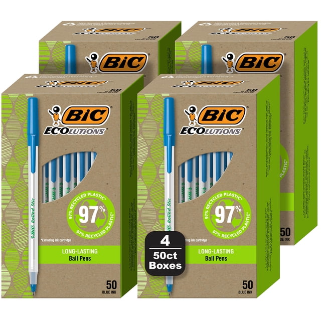 BIC Ecolutions Round Stic Ball Point Pen, Blue, 1.0mm Medium Point, 200 ...