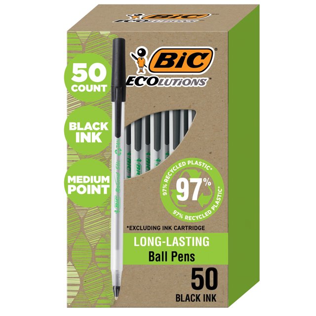 BIC Ecolutions Round Stic Ballpoint Pens, 97% Recycled Plastic, (1.0mm), Black, 50-Count ...