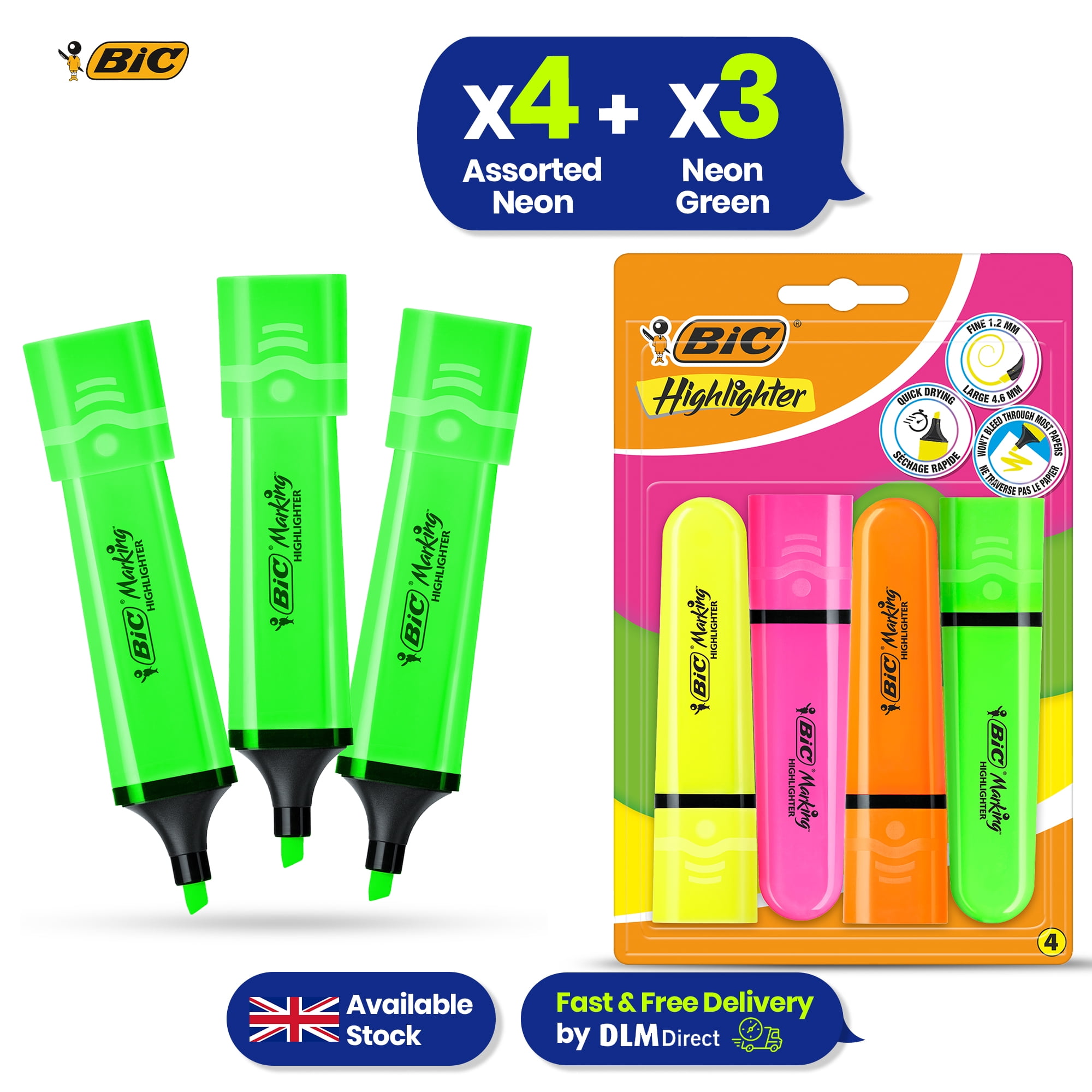 BIC Highlighter Flat Marker Neon Green Pack of 3 & 4x Assorted Chisel ...
