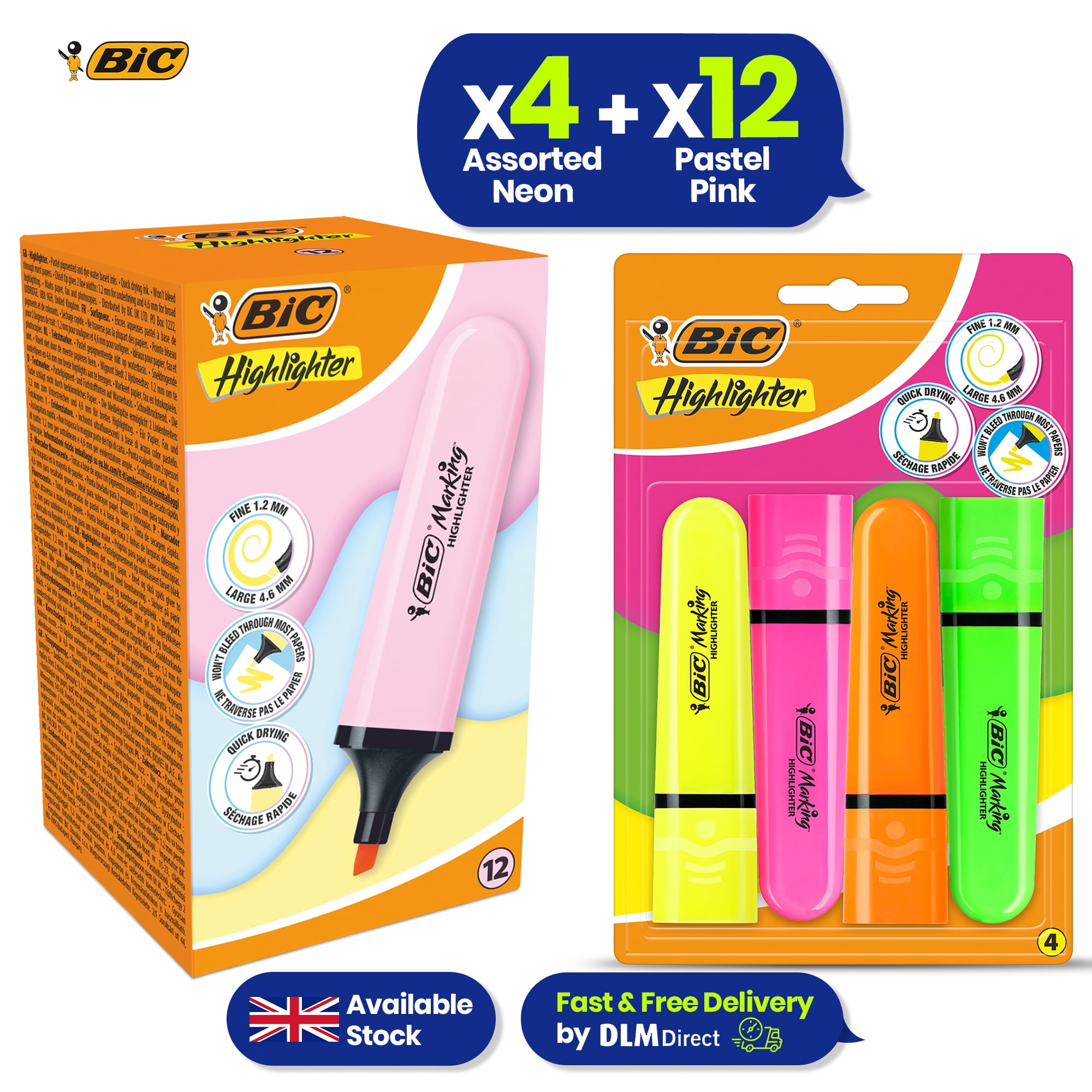 BIC Highlighter Flat Marker Pastel Pink Pack of 12 & 4x Assorted Neon ...