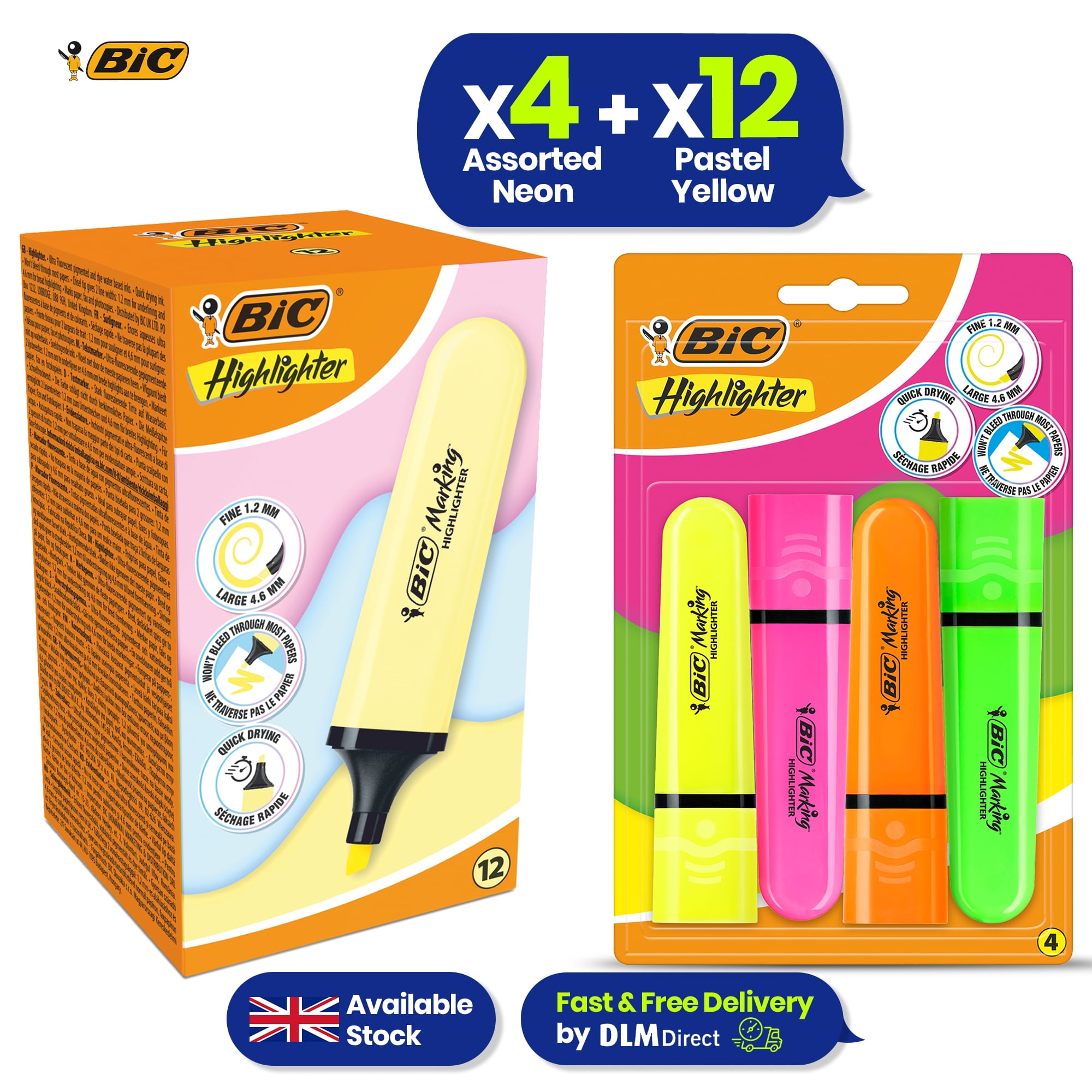 BIC Highlighter Flat Marker Pastel Yellow Pack of 12 & 4x Assorted Neon ...