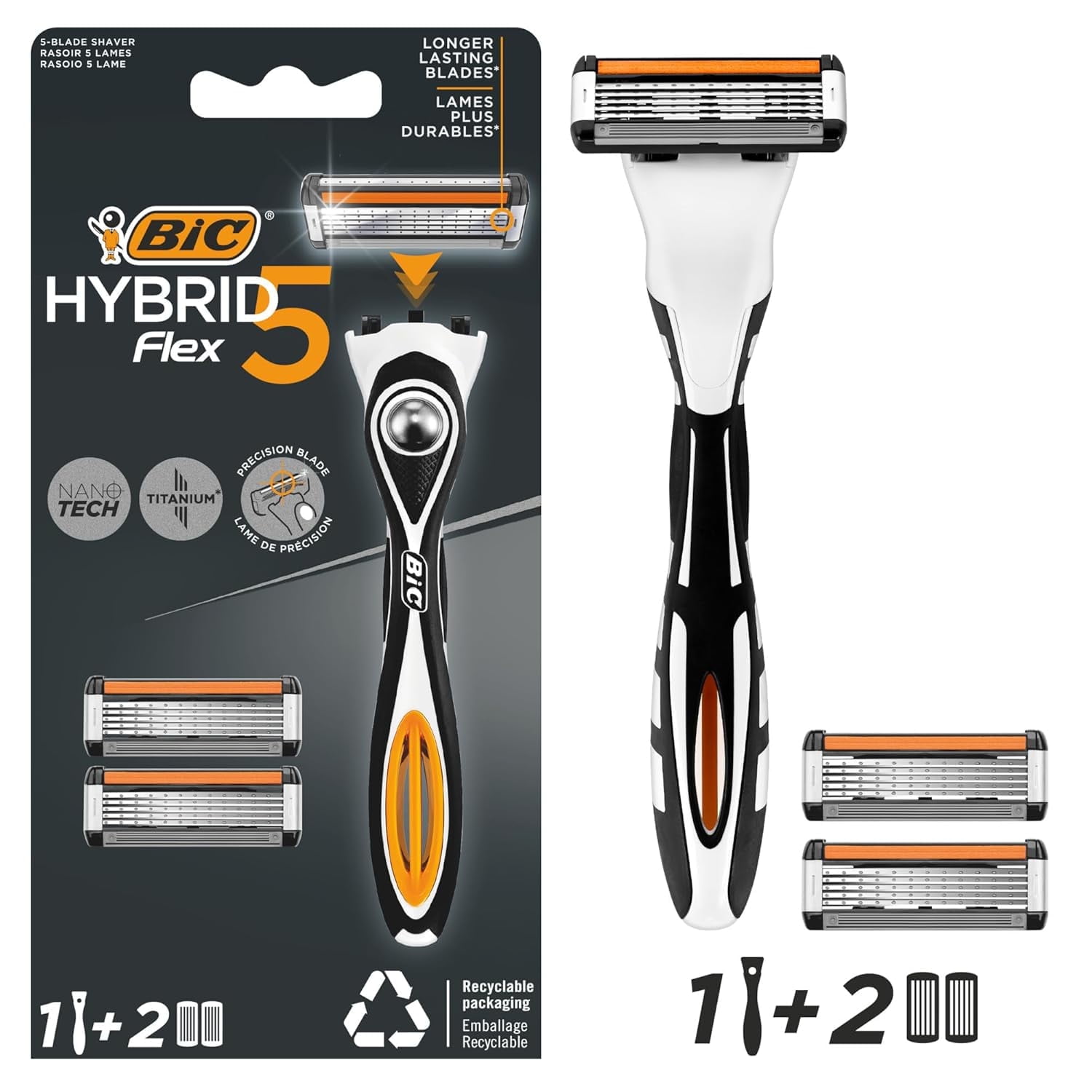 BIC Hybrid 5 Flex Refillable Men's Razor Kit, Handle and Nano-Tech ...