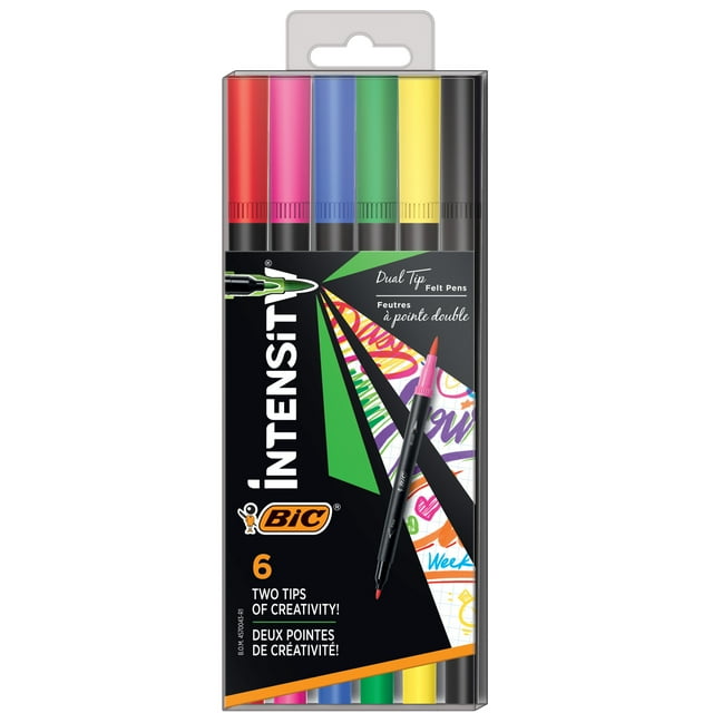 BIC Intensity 2-in-1 Dual Tip Fine Liner Pen, Assorted Ink Colors, 6 ...