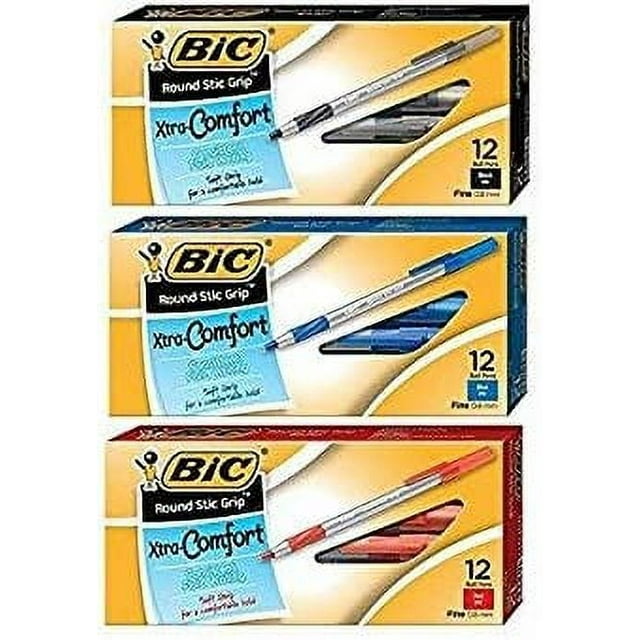 BIC Round Stic Grip Xtra Comfort Ball Pen, Fine Point (0.8 mm), Black ...