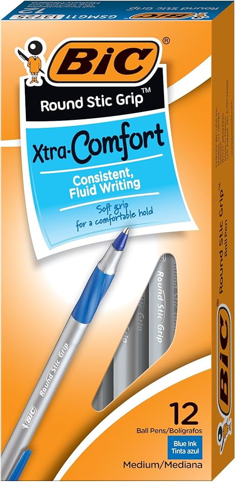 BIC Round Stic Grip Xtra Comfort Blue Ballpoint Pens, Medium Point (1 ...