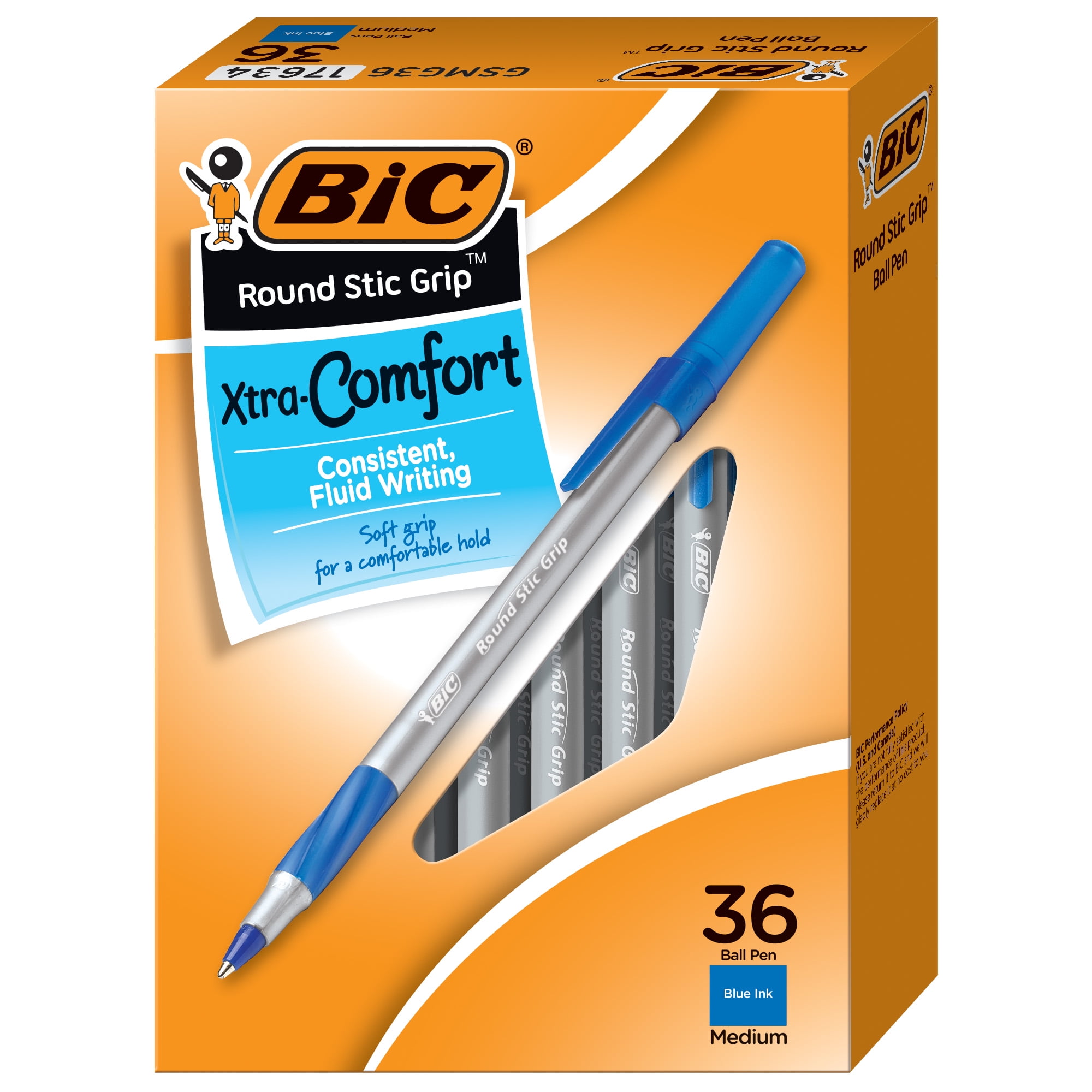 BIC Round Stic Grip Xtra Life Ball Pen, Medium Point (1.2mm), Blue, 36 ...