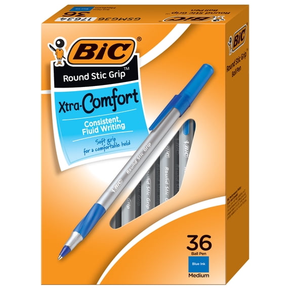 BIC Round Stic Grip Xtra Life Ball Pen, Medium Point (1.2mm), Blue, 36 ...