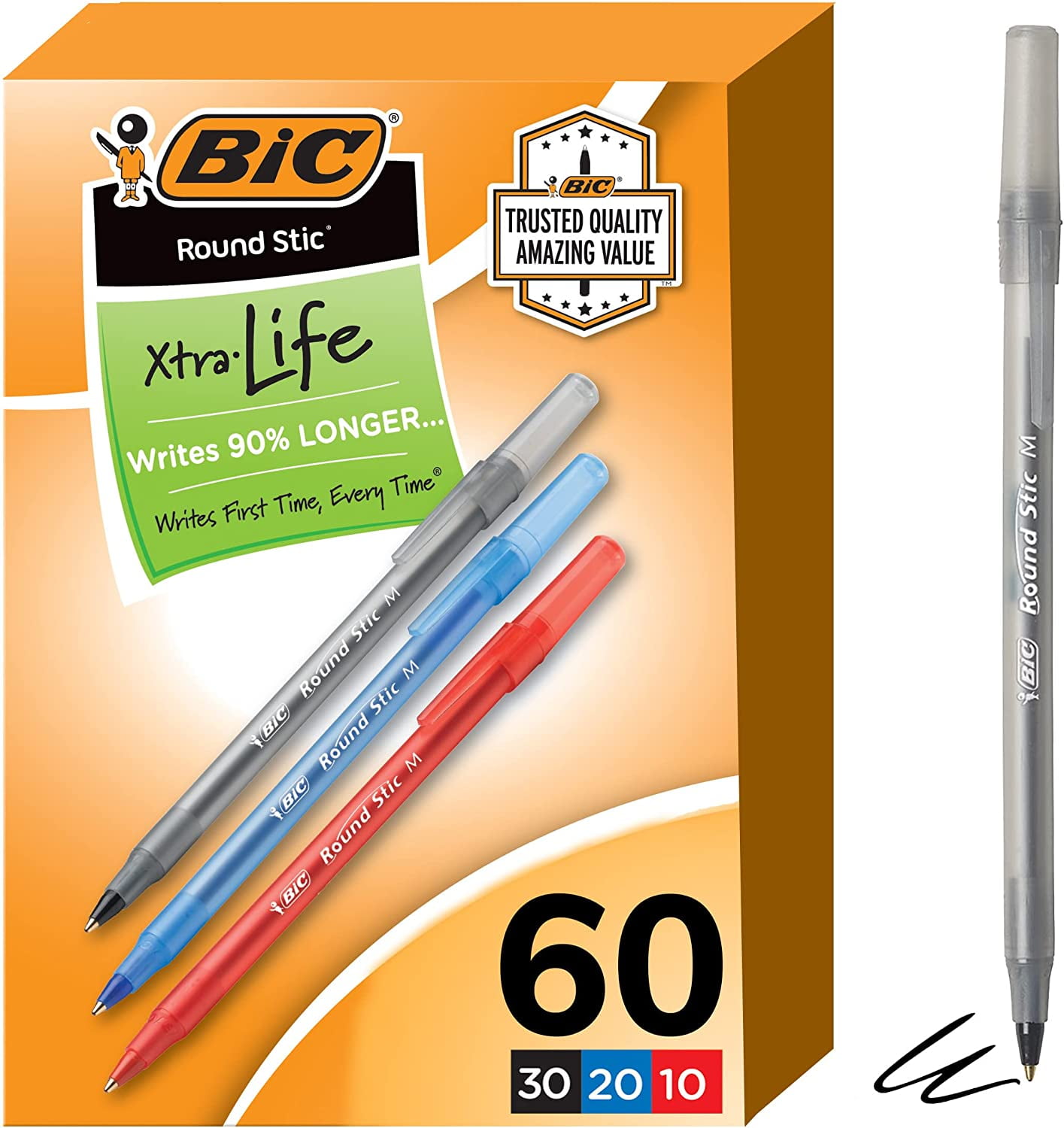 BIC Round Stic Xtra Life Assorted Ink Ballpoint Pens, Medium Point (1 ...