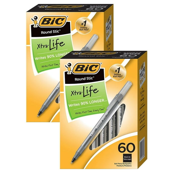 BIC Round Stic Xtra Life Ball Pen, Black, 60 Per Pack, 2 Packs ...