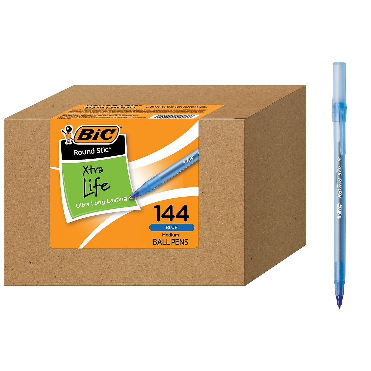BIC Round Stic Xtra Life Ballpoint Pen, Medium Point (1.0 mm), Smooth Blue Ink, Bulk Pack, 144 ...