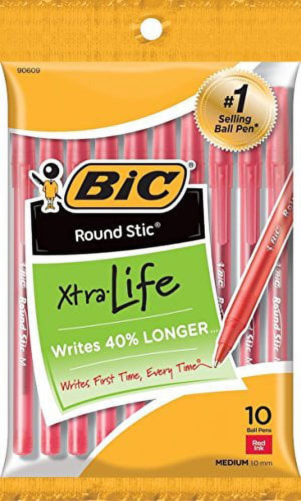 BIC Round Stic Xtra Life Ball Pen, Medium Point (1.0mm), Red, 10-Count ...