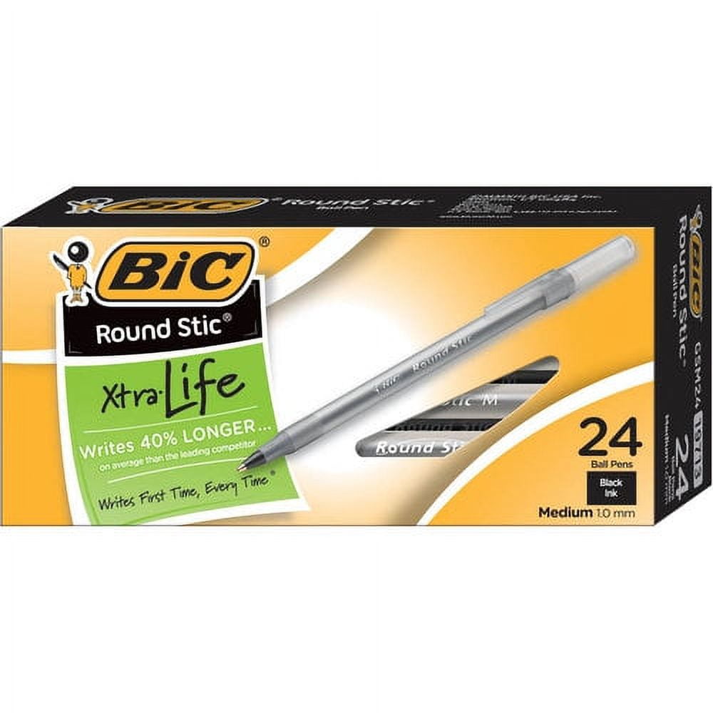 BIC Round Stic Xtra Life Ball Pens, Medium Point (1.0 mm), Black, 24 ...