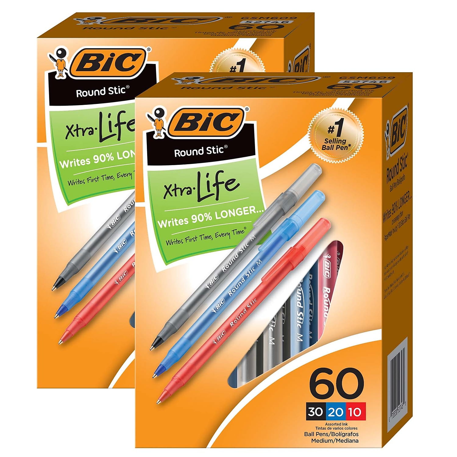 BIC Round Stic Xtra Life Ballpoint Pen, Medium Point (1.0mm), Assorted, 60 Per Box, 2 Boxes ...