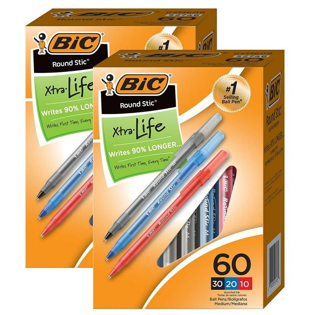 BIC Round Stic Xtra Life Ballpoint Pen, Medium Point (1.0mm), Assorted ...