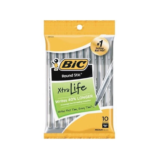 BIC Round Stic Xtra Life Ballpoint Pen, Medium Point (1.0mm), Black, 10 ...