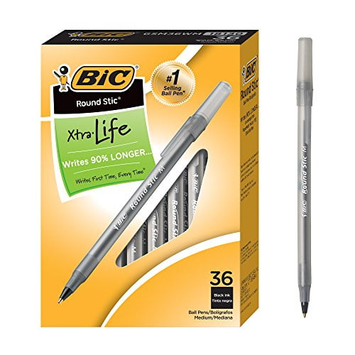 BIC Round Stic Xtra Life Ballpoint Pen, Medium Point (1.0mm), Black, 36 ...