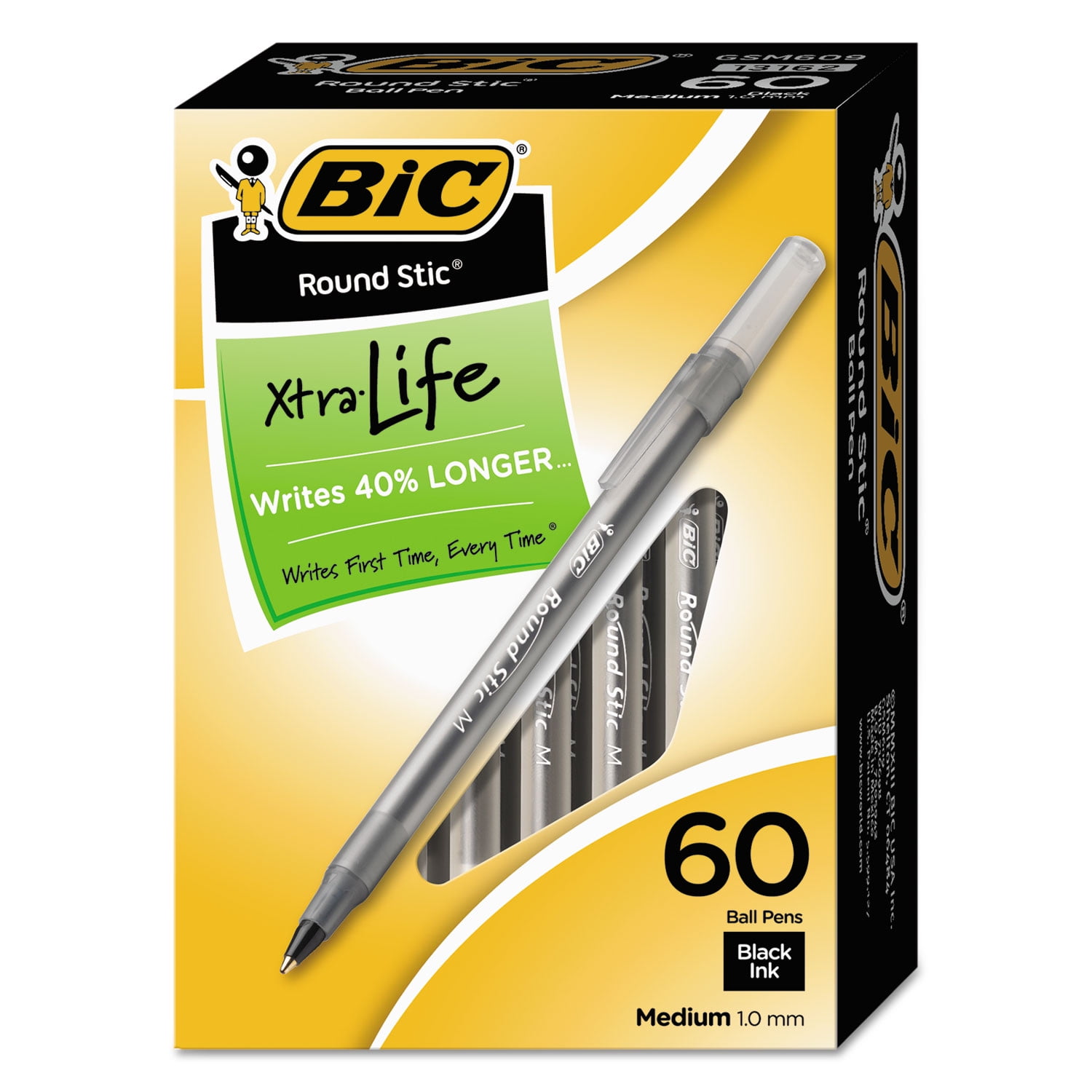 BIC Round Stic Xtra Life Smooth Ballpoint Pens, Medium Point, 1.0mm, Black Ink, 60-Pack ...