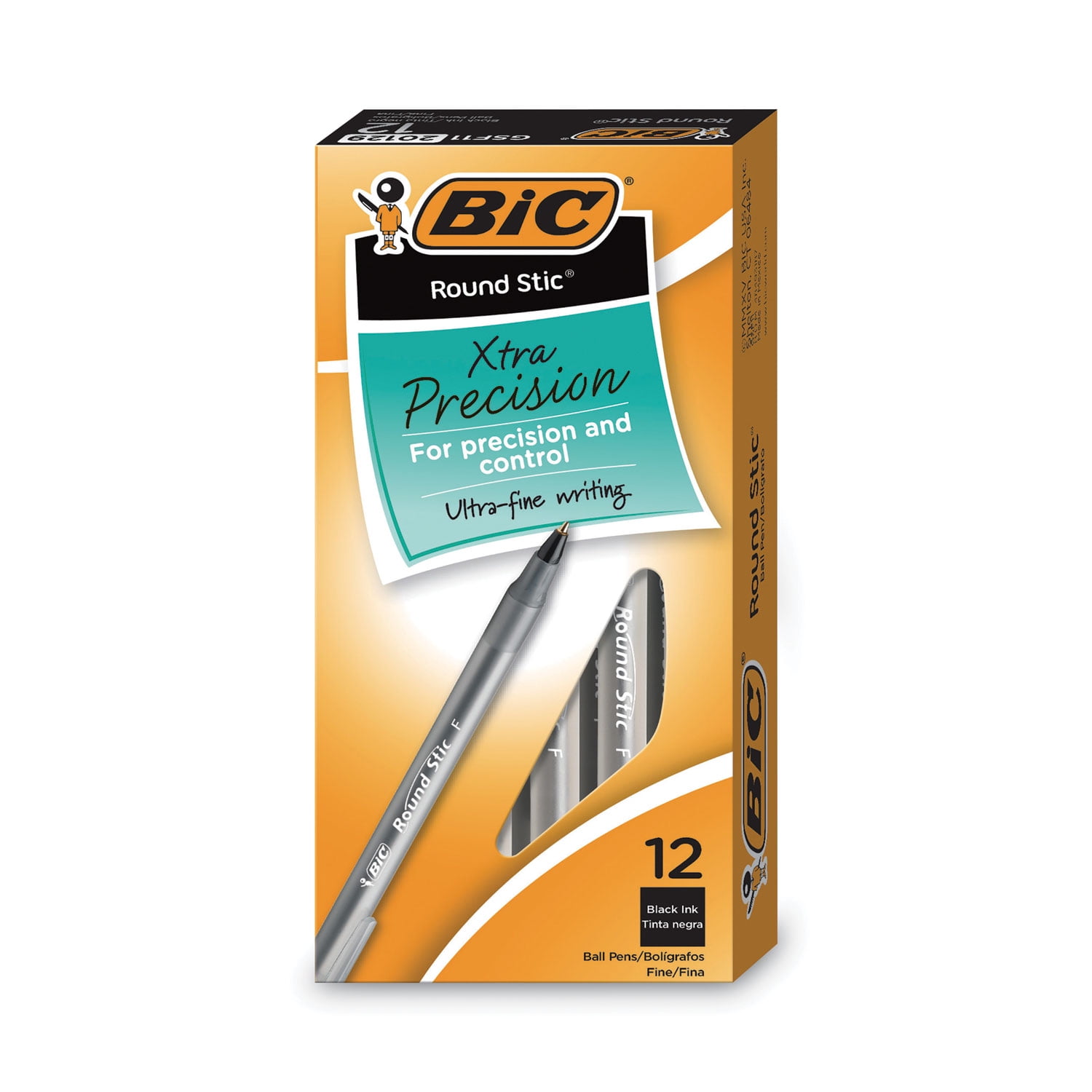 BIC Round Stic Xtra Precision Ball Pen, Fine Point (0.7 mm), Black, 12 ...