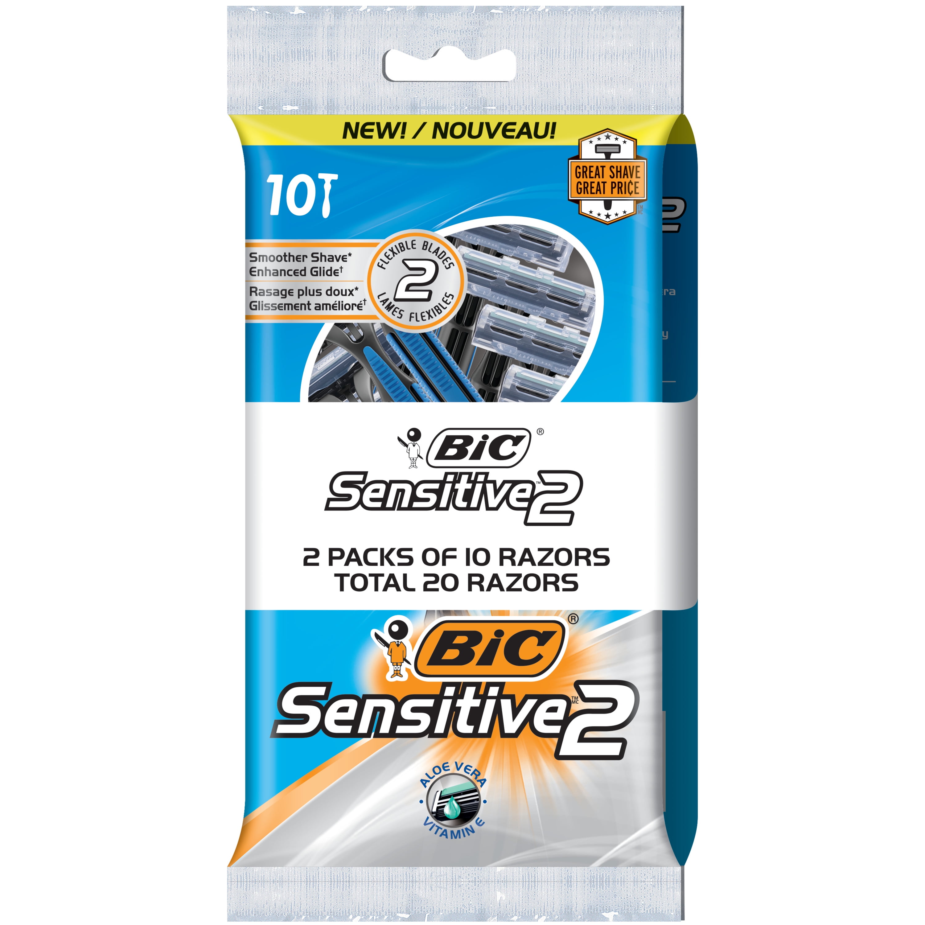 BIC Sensitive 2 Twin-Blade Men's Disposable Razor, Easy Solid Shave, 20 ...