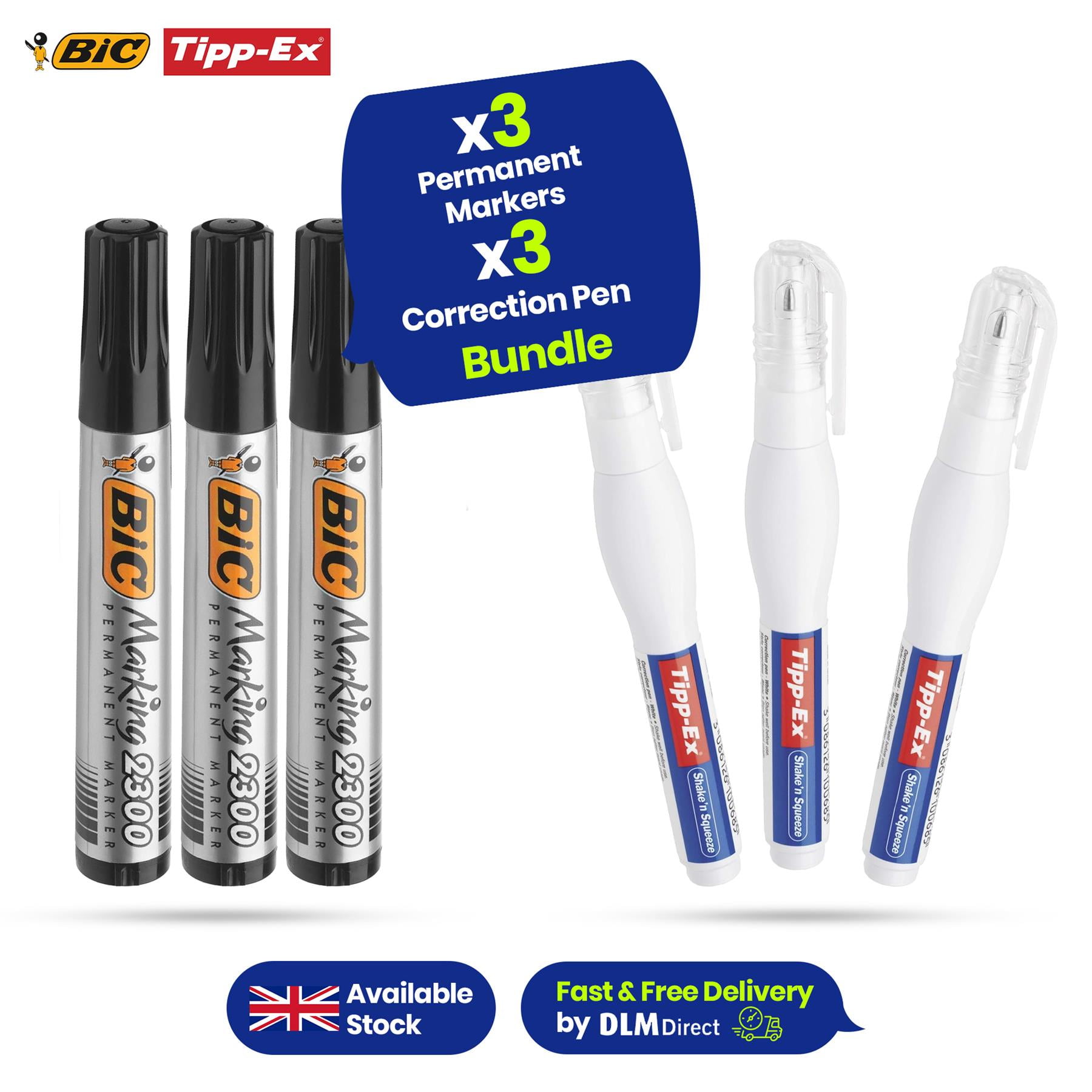 BIC Tipp-Ex Correction Pens 3 Pack White & BIC Marking 2300 Black ...