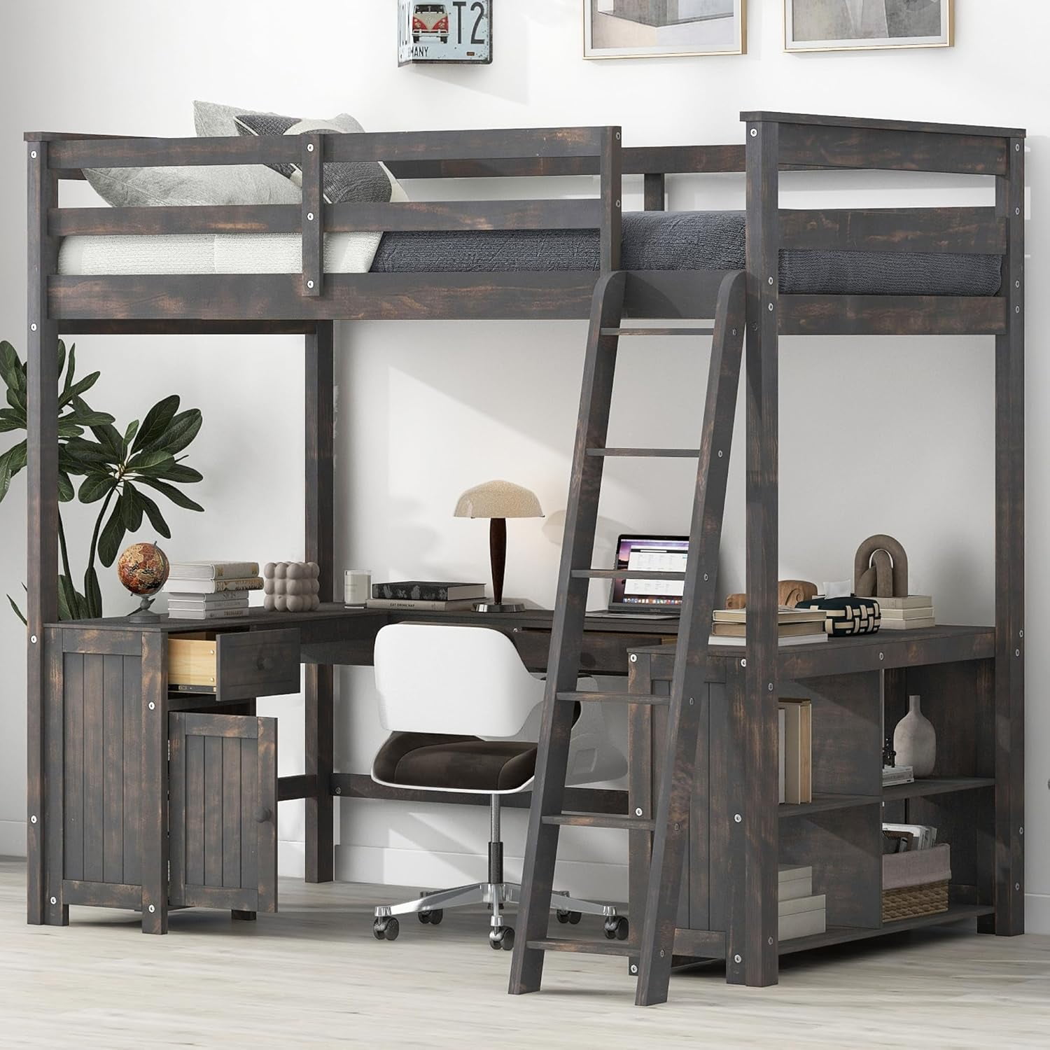 BICHUQIAN Full Loft Bed with U-Shaped Desk, Wood Full Size Loft Bed ...