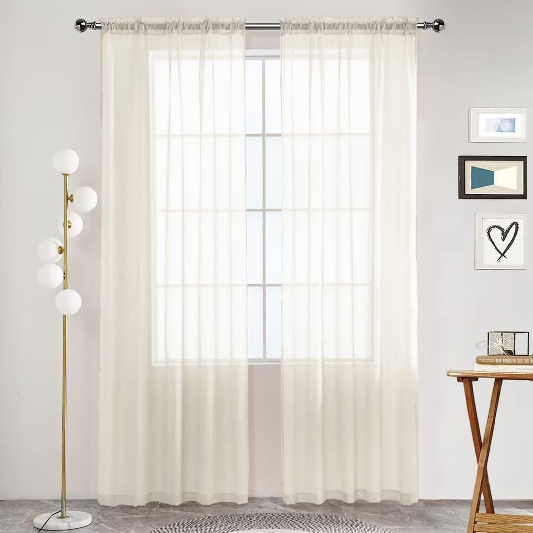 BICIDO-Basic Rod Pocket Sheer Voile Window Curtain Panels Ivory 1 Pair ...