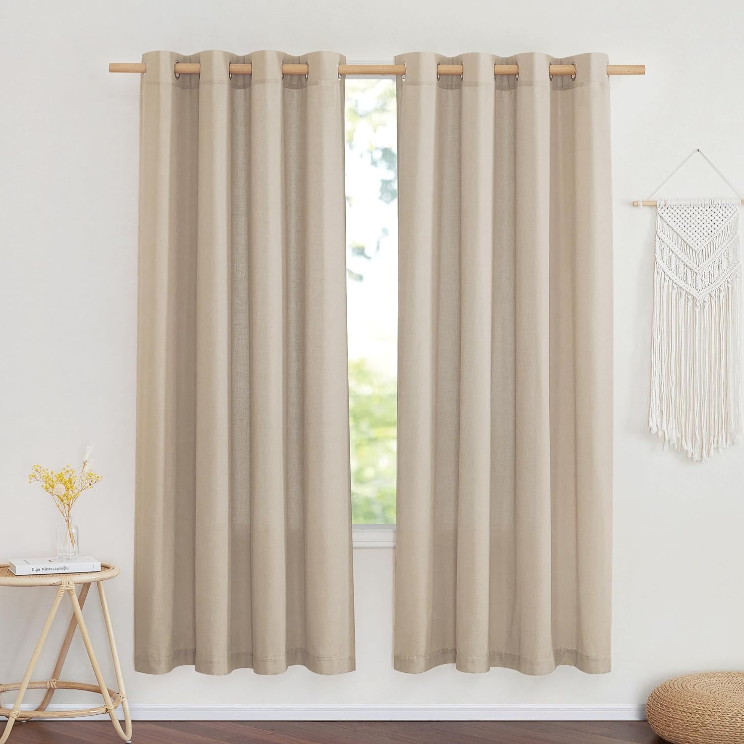 BICIDO-Flax Linen Blend Taupe Window Curtains, Grommet Vertical Drapes ...