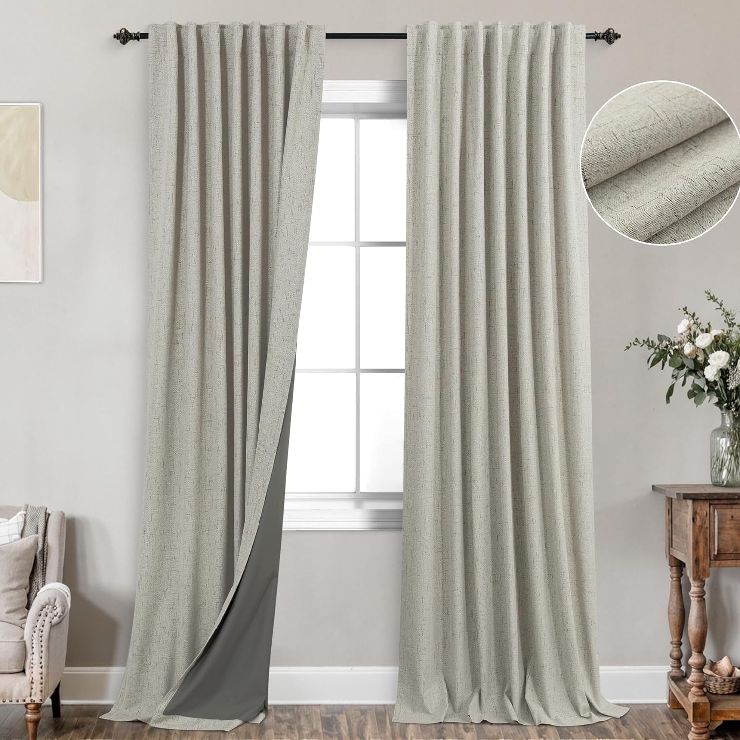 BICIDO-Greige Linen Black Out Curtains 96 Inches Long for Living Room ...
