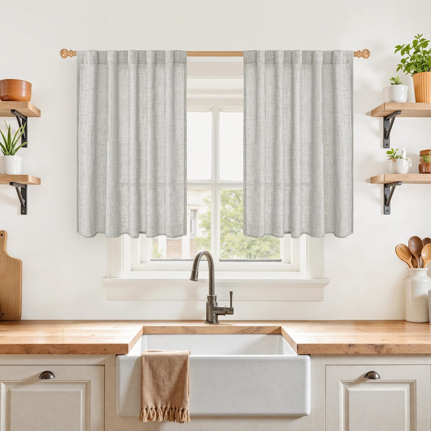 BICIDO-Light Grey Linen Curtains 36 Inch Length for Kitchen Cafe Window ...