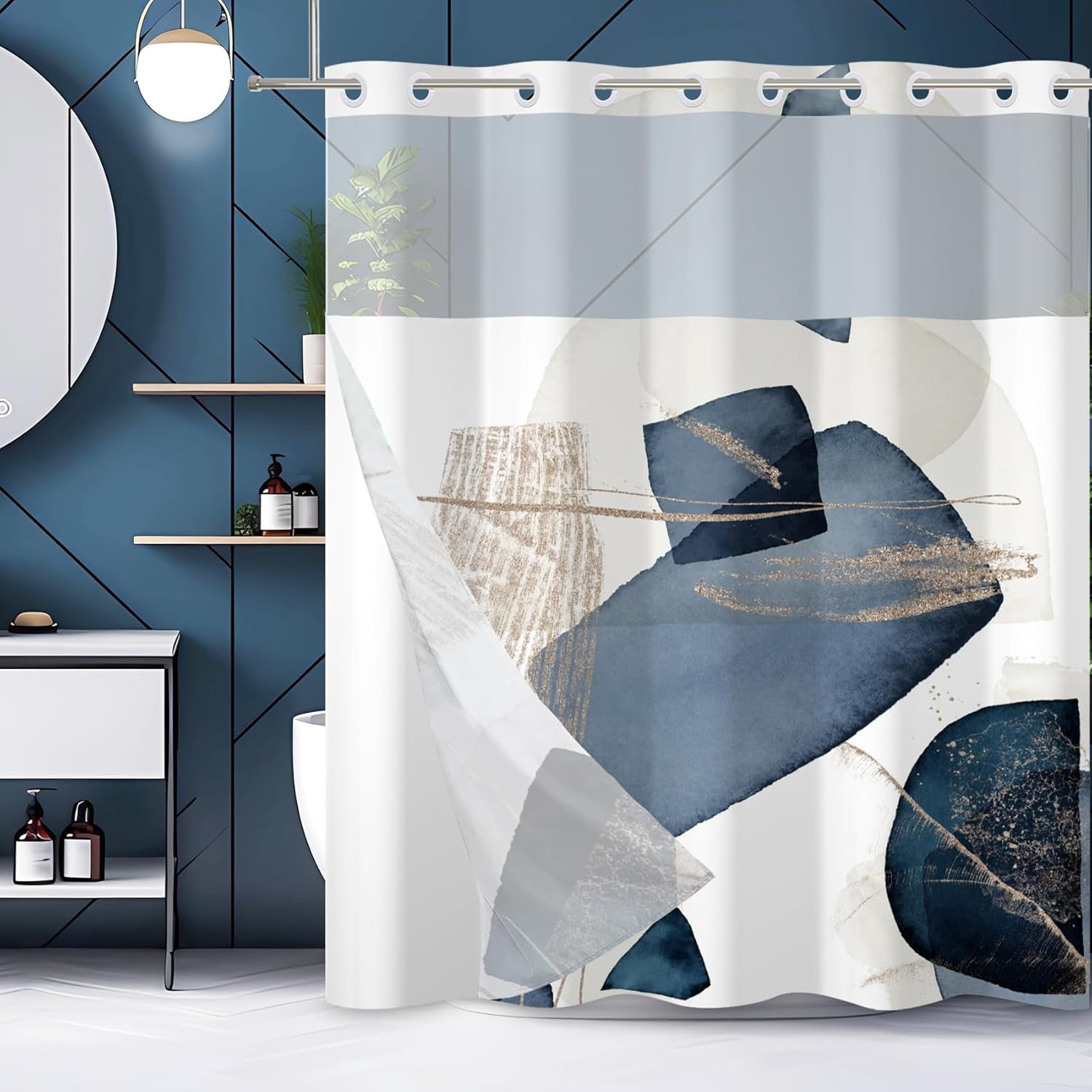 BICIDO-No Hook Blue Grunge Shower Curtain Texture Grain Shower Curtain ...