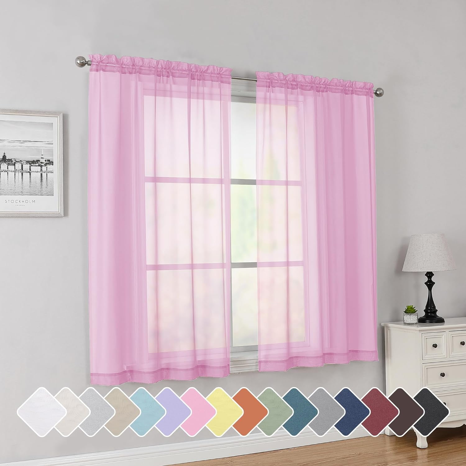 BICIDO-Pink Short Sheer Curtains 45 Inch Length for Small Windows, Rod ...