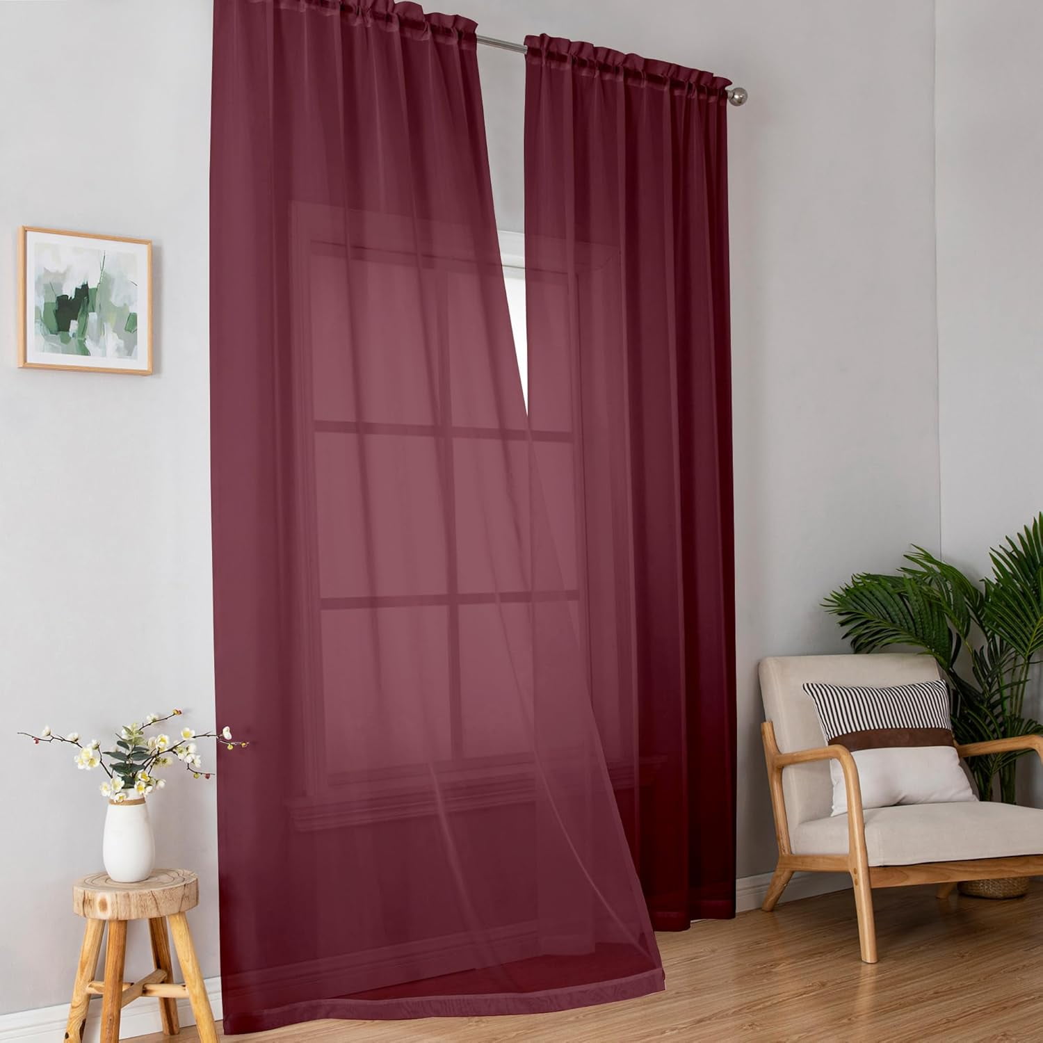 BICIDO-Red Sheer Curtains 96 Inches Long, Light Filtering Rod Pocket ...