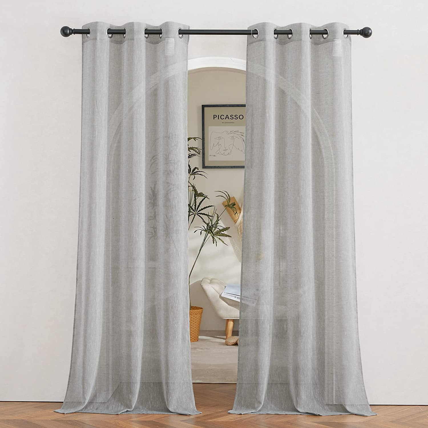 BICIDO-Semi Sheer Grey Curtains 84 inches Long, Grommet Linen Weave ...
