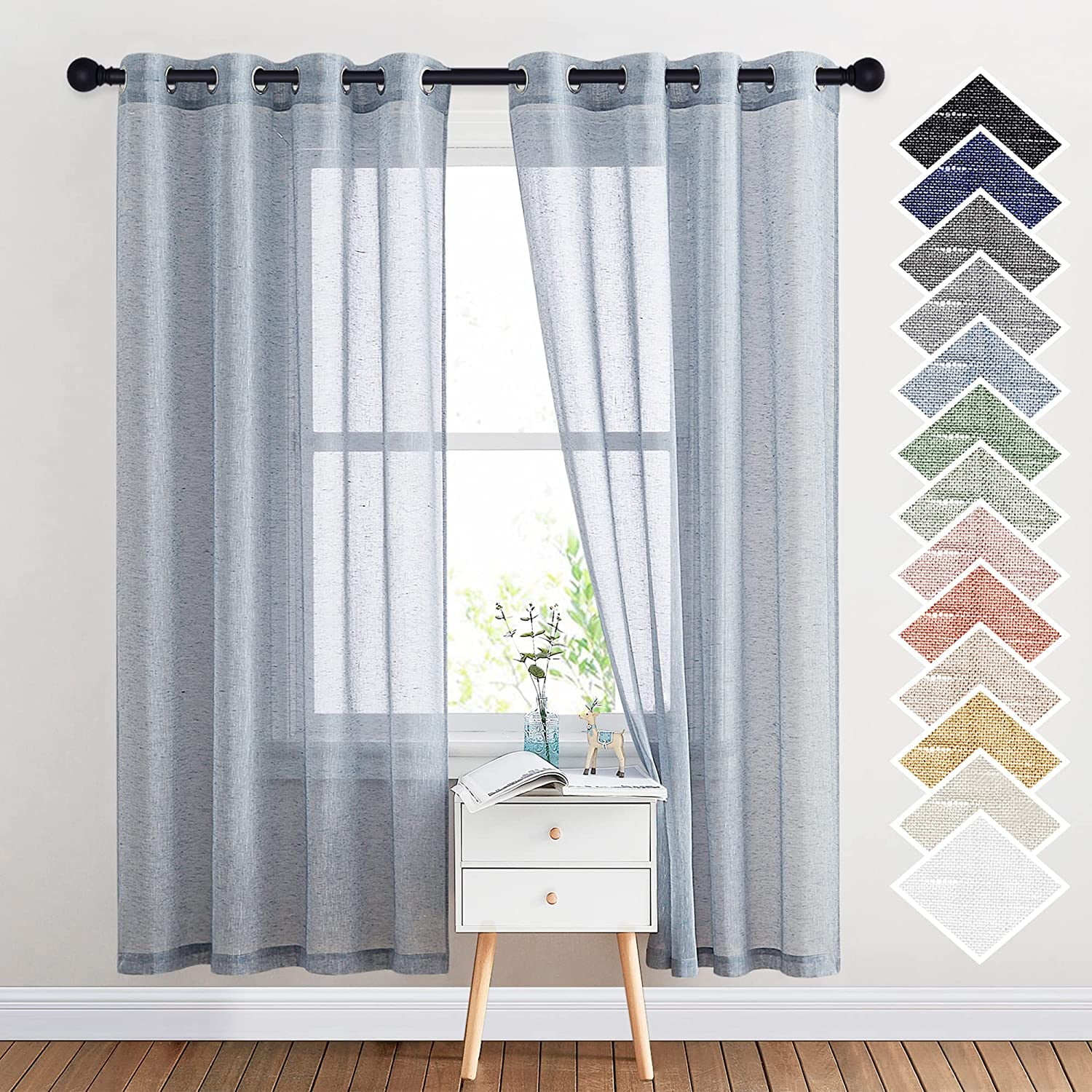 BICIDO-Semi Sheer Linen Blend Window Curtains, Grommet Solid Curtain ...