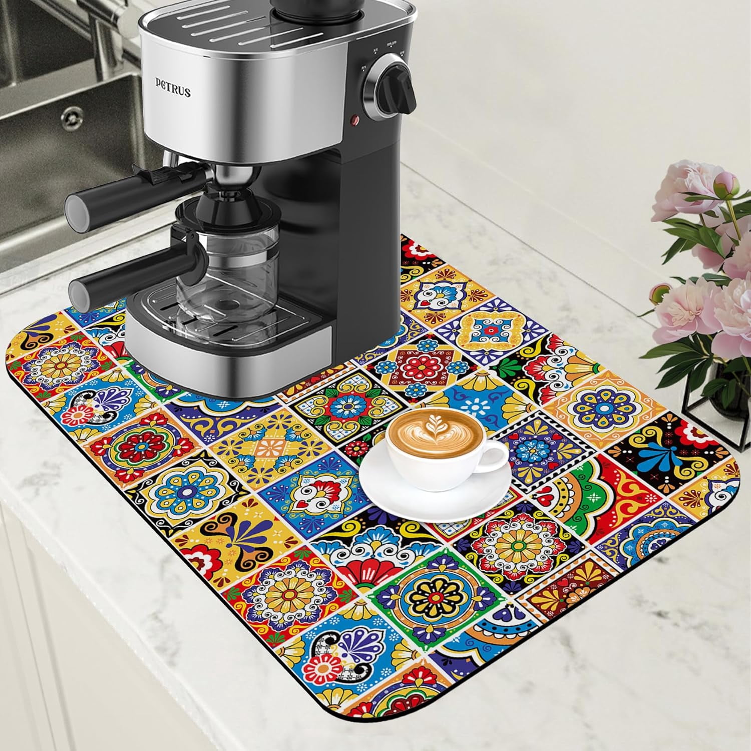 BICIDO-Talavera Mexican Tiles Dish Drying Mat for Kitchen Counter Bar ...