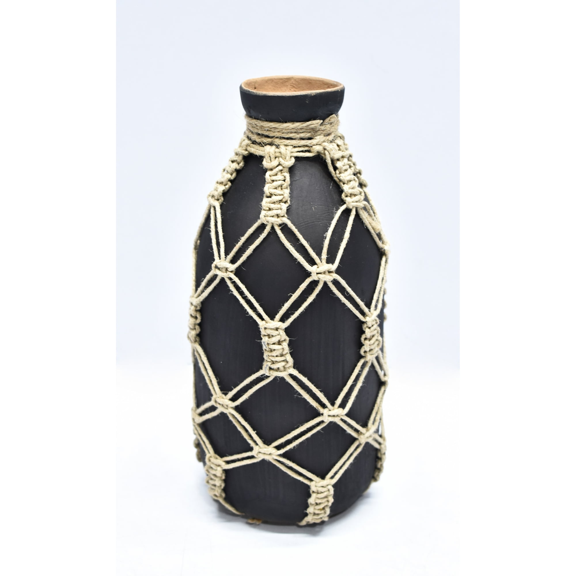 BIDK Home Small Mud Bottle Vase with Jute Rope - 9.75" - Black ...
