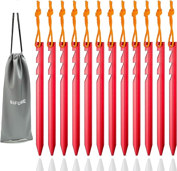 BIFUNIE Aluminum Tent Stakes Pegs, 12-Pack Aluminum Ground Pegs with ...