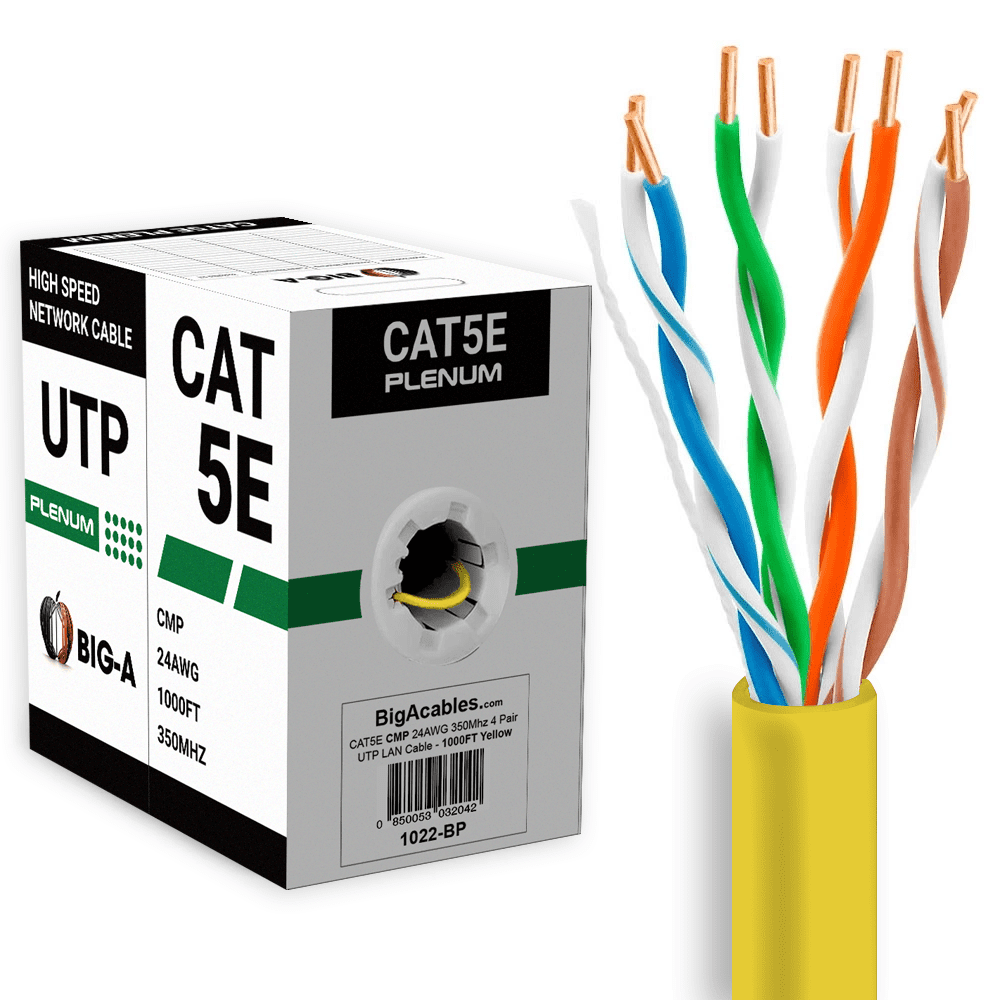 Big-A - 1000ft Cat5e Plenum Ethernet Cable, Yellow, 350MHz, 24AWG UTP ...