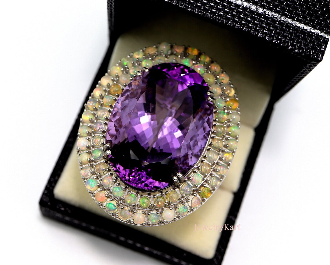 BIG! Amethyst Cocktail Ring, Ethiopian Opal & Amethyst Ring, Double ...