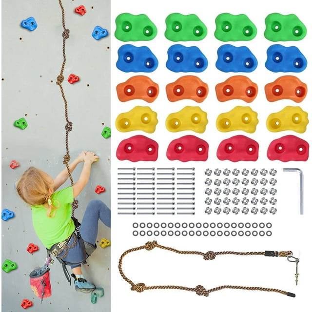 BIGLUFU 20 Pack Rock Climbing Holds for Kids, Screws, Handle, 11FT Rope ...
