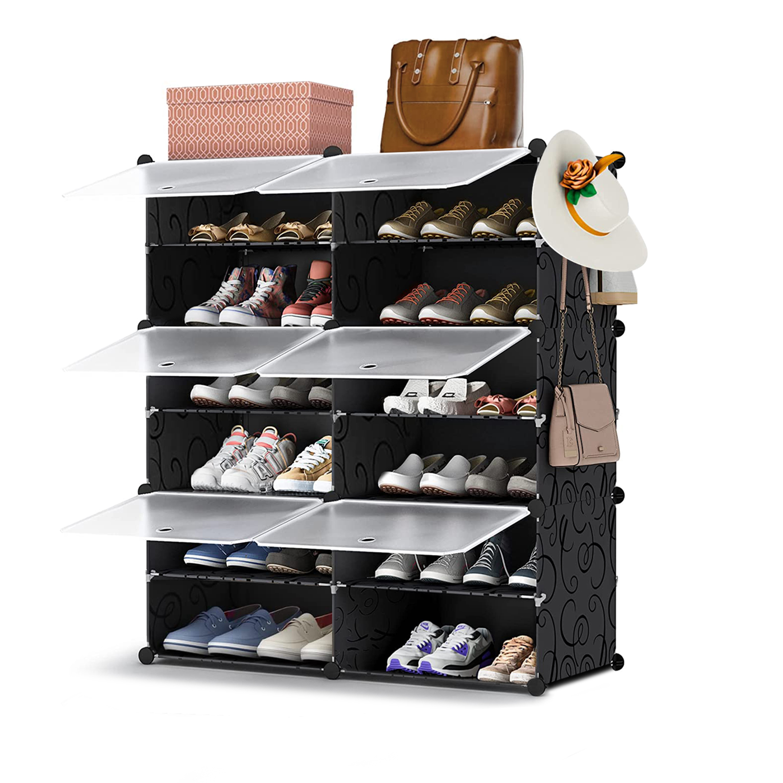 Fithood 7-Tier Portable 28 Pair Shoe Rack Organizer 14 Grids Tower ...