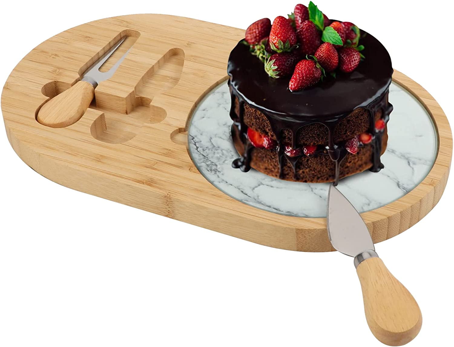 BIGTREE Bamboo Cheese Cutting Board 4pcs Cutlery Set, Wood Charcuterie ...