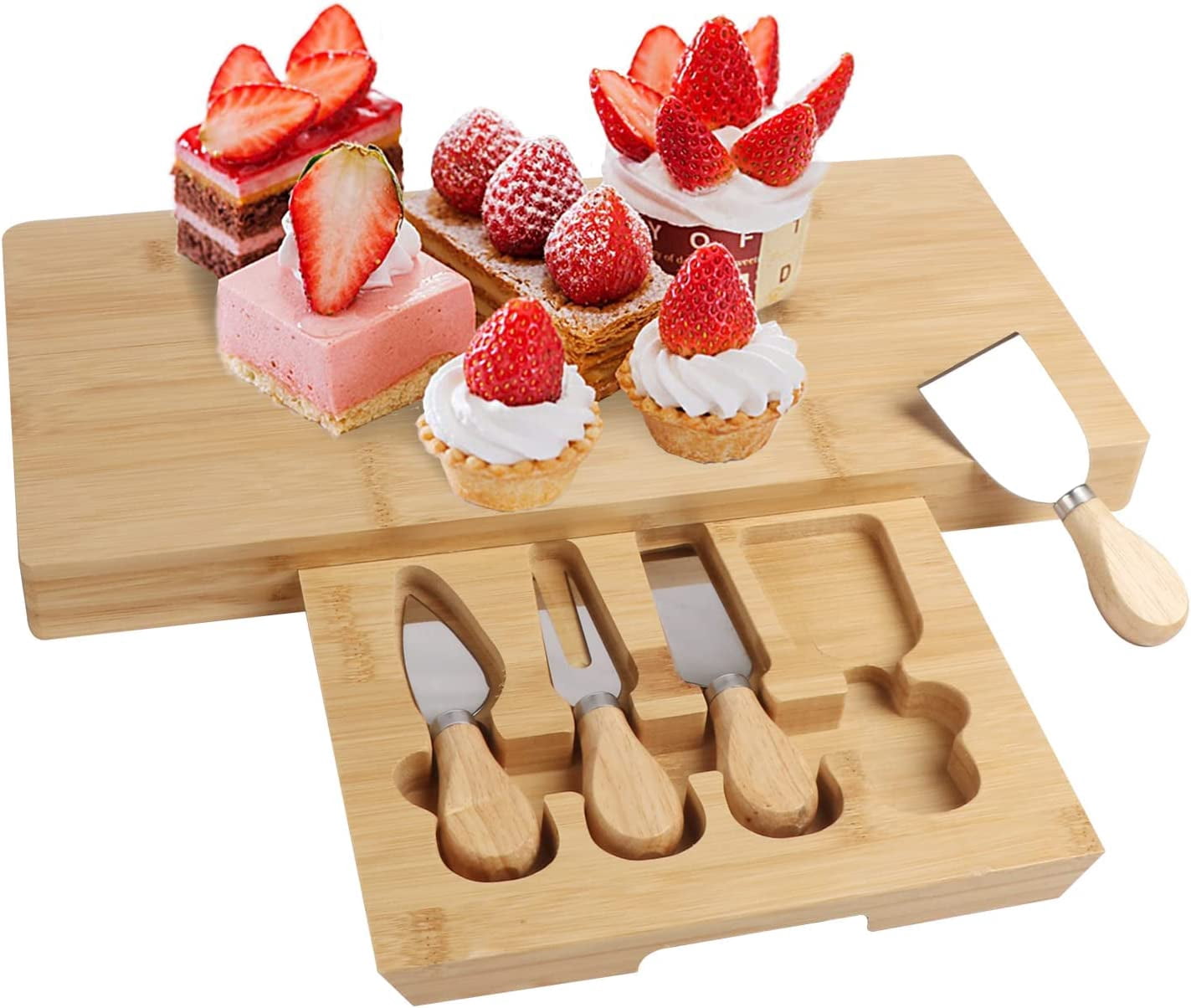 BIGTREE Bamboo Cheese Cutting Board with 4 Pcs Cutlery Set, Wooden ...