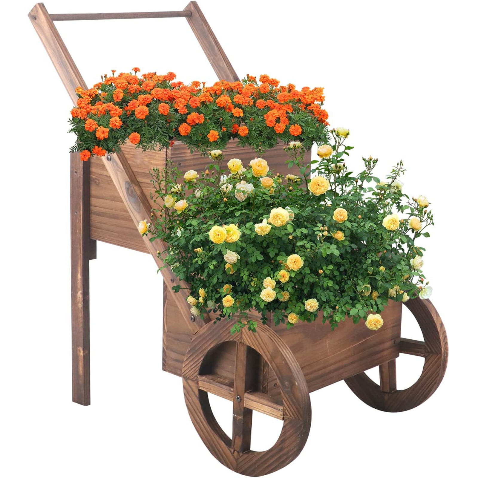 BIGTREE Wood Wagon Flower Planter Cart 2 Tier Flower Box Display Brown ...