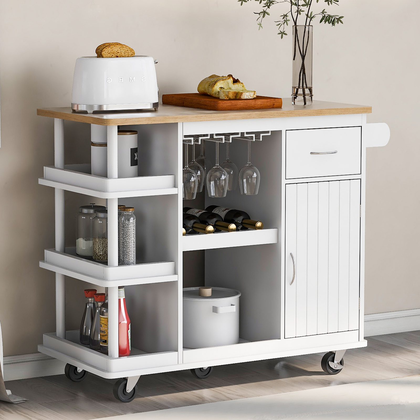 BIGTREE Wooden Rolling Storage Kitchen Island with Drawer Open ...