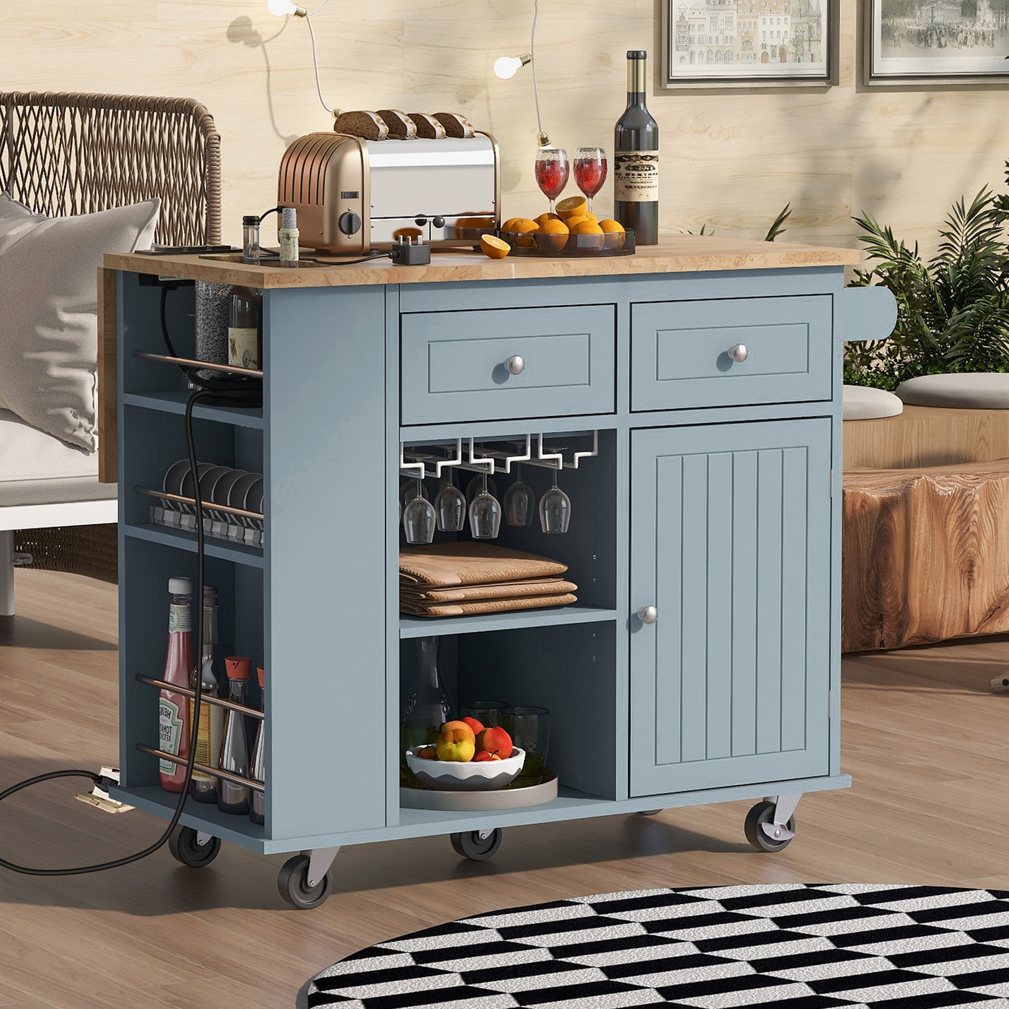 BIGTREE Mobile Wooden Rolling Kitchen Island with Folding Wheels, Open ...