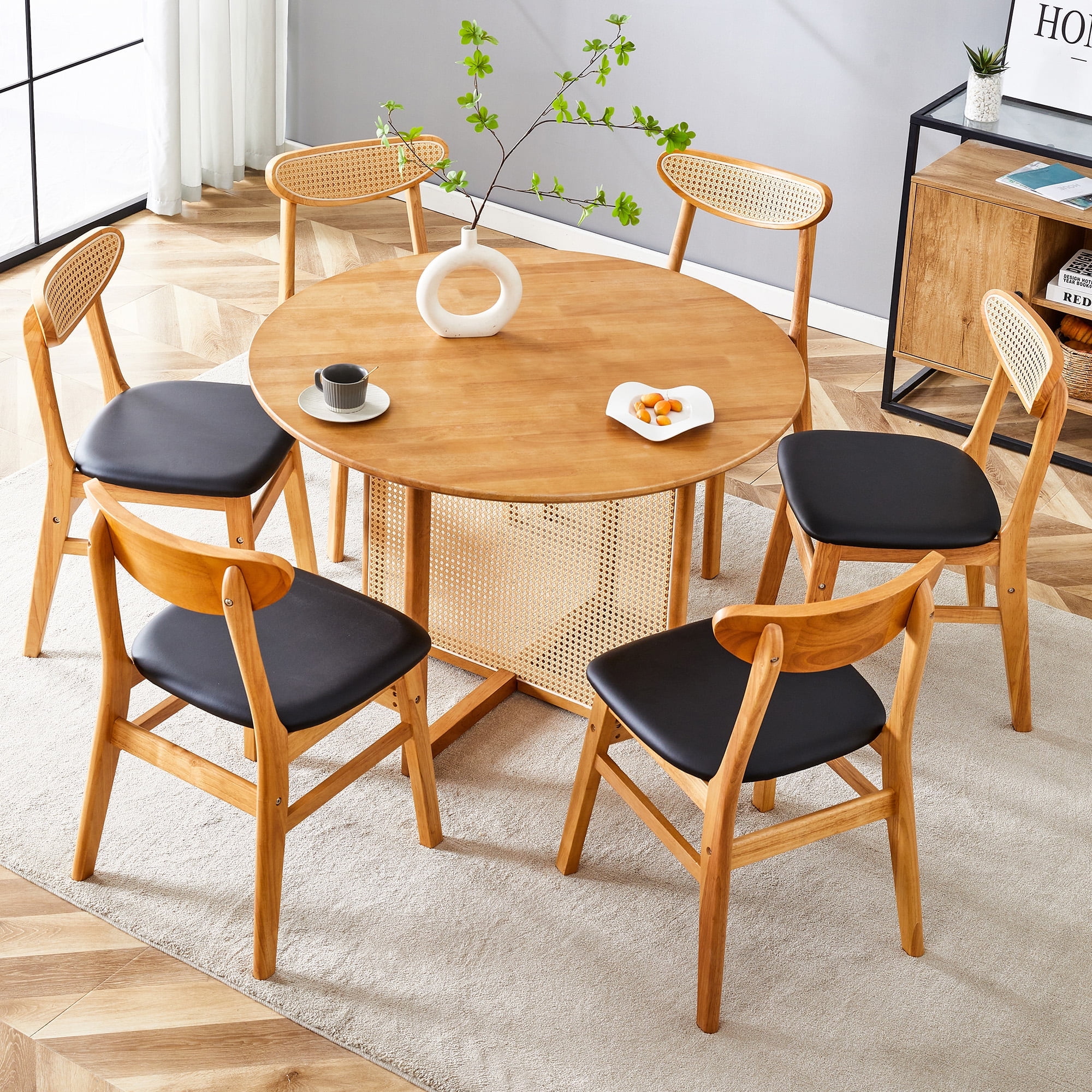 BIGWOO 7-Pcs Set Solid Wood Round Dining Table and Chairs for Dining ...