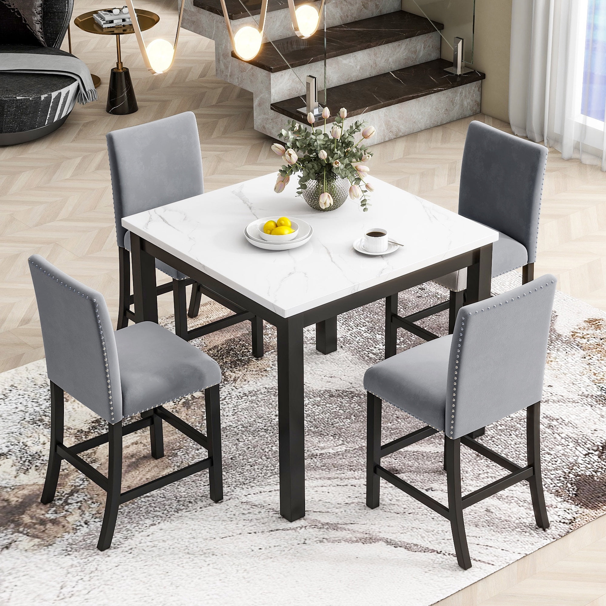 BIGWOO Dining Table 5-piece Set with One Square Faux Marble Top Table ...